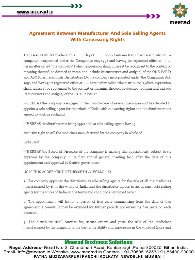 Sole Selling Agent Agreement With Canvassing Rights | PDF | Arbitral ...