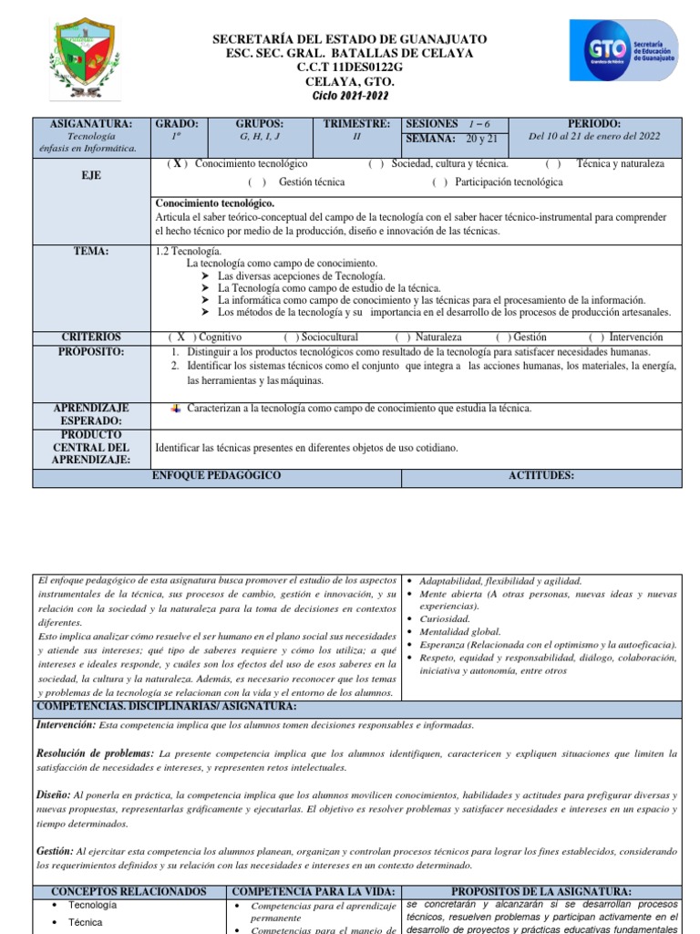 PG - Plan Quincenal Tecnologia Del 10 Al 21 de Enero (Semana 21 y 22 ...