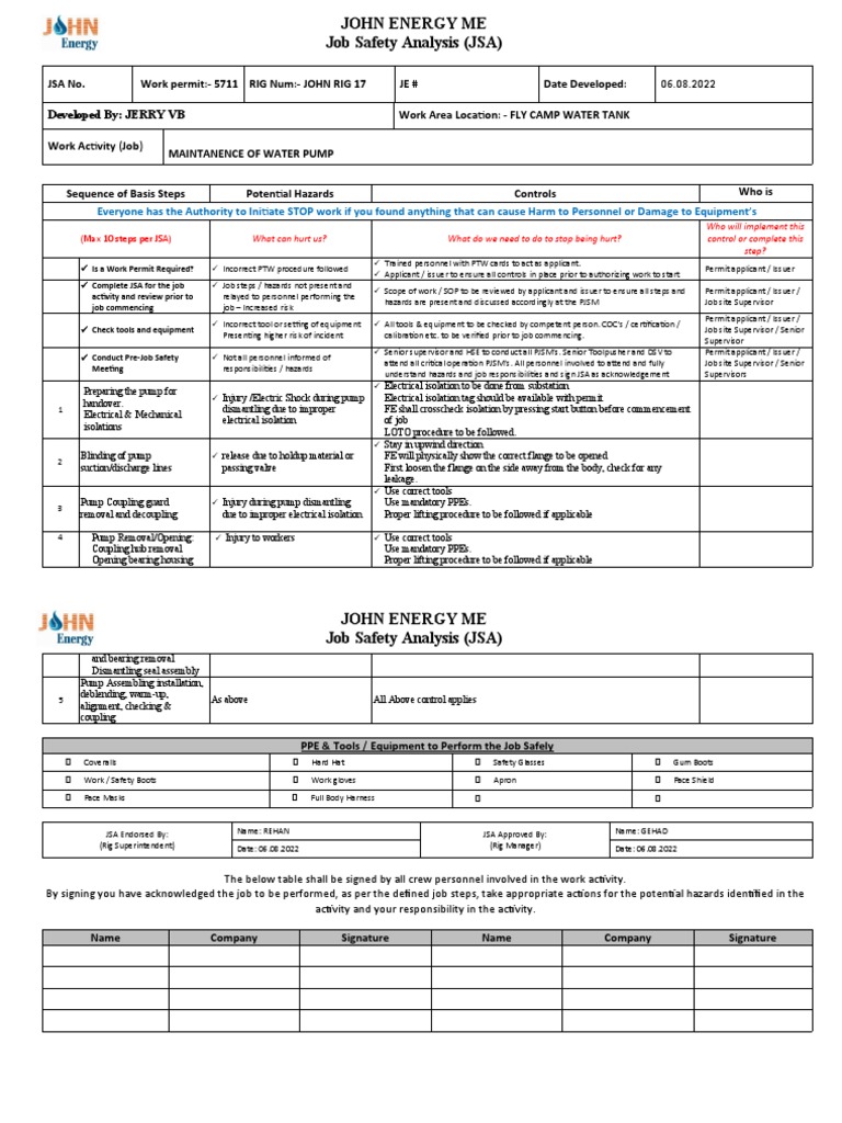 Water Pump Jsa | PDF | Personal Protective Equipment | Safety