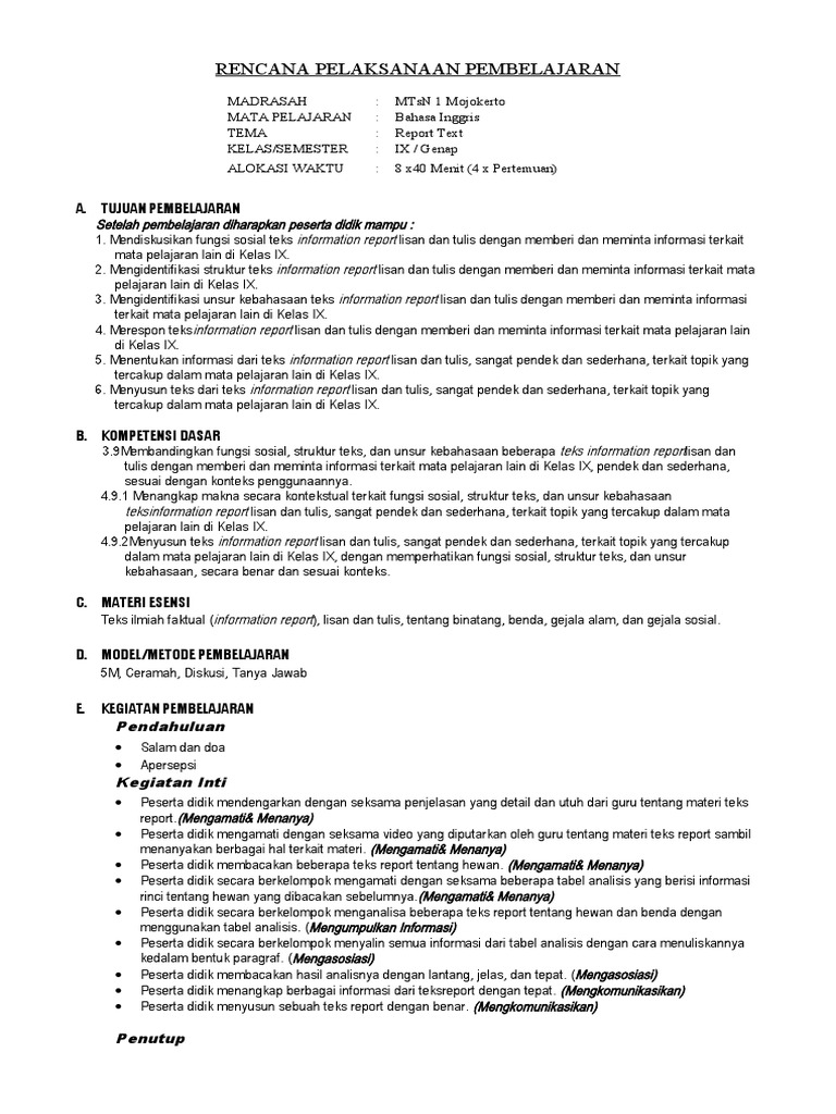 Rpp-Unit 9 ''What Is It'' (Report Text) | PDF