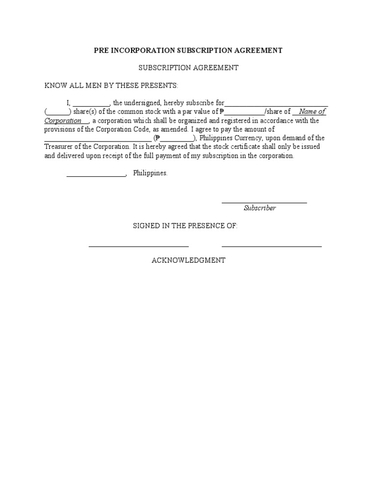 Pre-Incorporation Subscription Agreement | PDF | Finance & Money Management