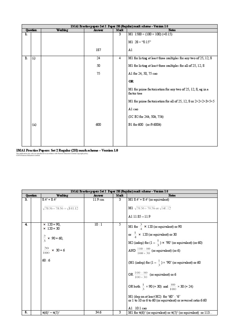 05b Practice Papers Set 2 - Paper 2h Mark Scheme | PDF | Triangle | Angle