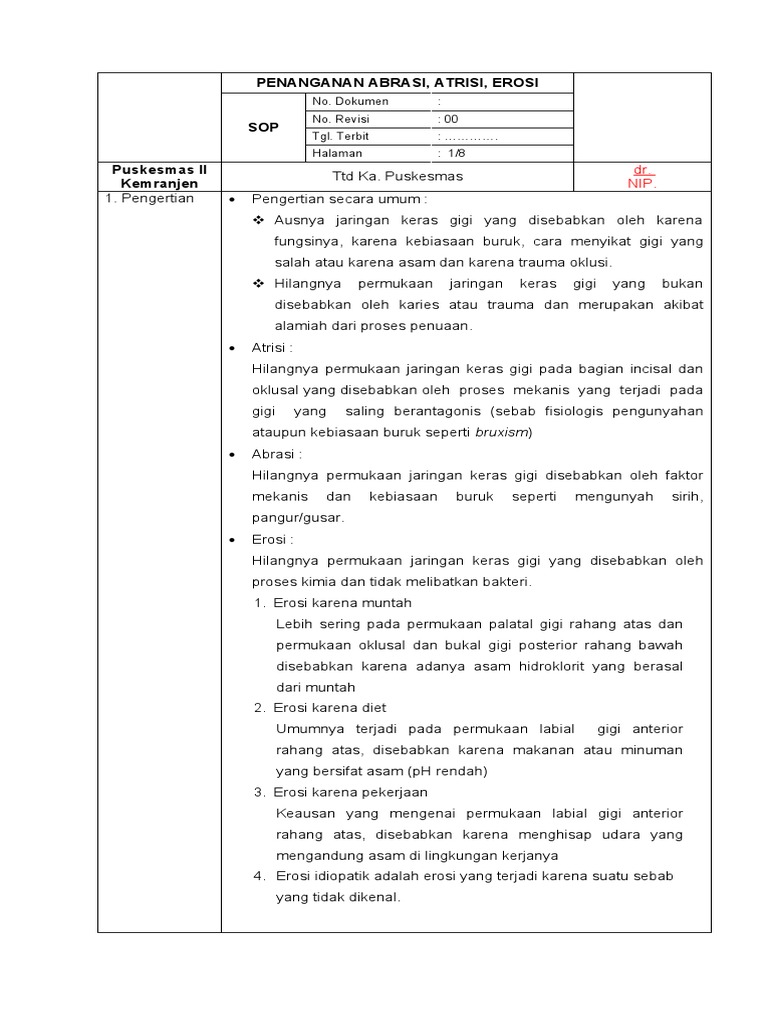 Sop BP Gigi Atrisi, Abrasi, Erosi | PDF
