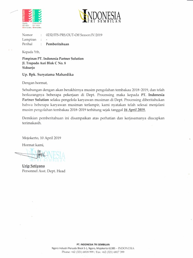 Pemberitahuan Off Season 2019 Processing PT - IPS | PDF