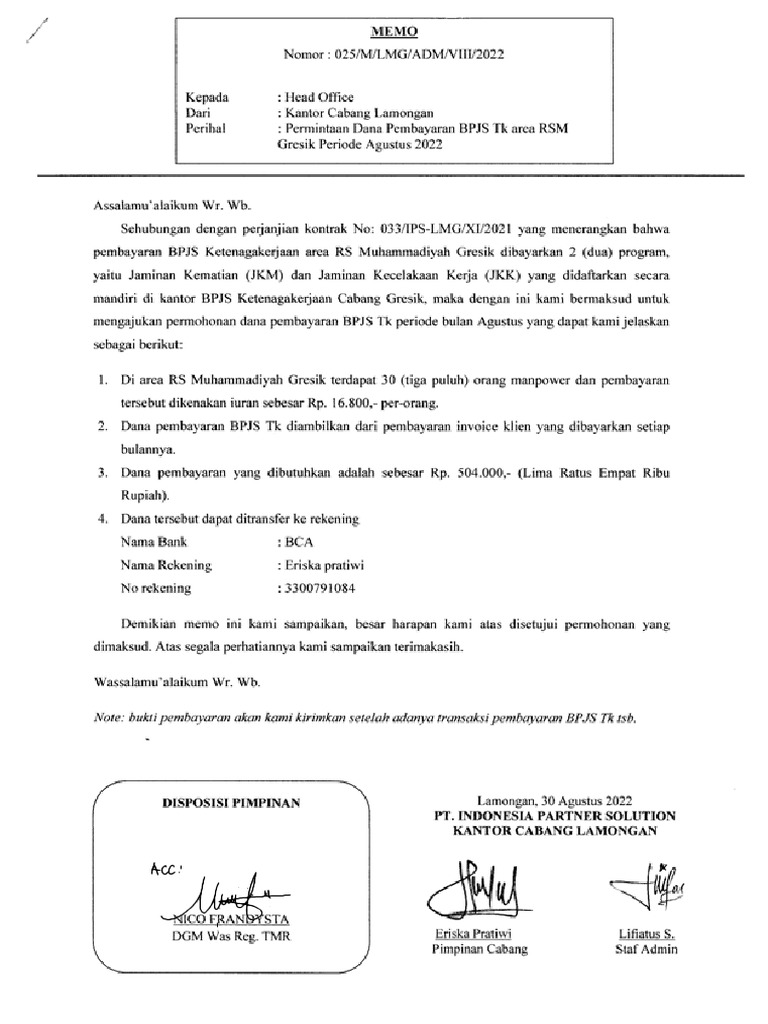 Memo Permintaan Dana Pembayaran BPJS TK Area RSM Gresik Periode Agustus 2022 | PDF
