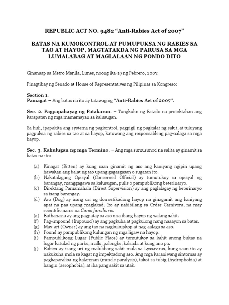 Ra 9482 Anti-Rabies Act | PDF