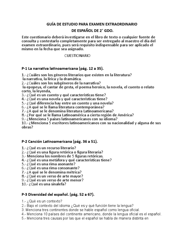 Guía de estudio para examen extraordinario de español de 2° gdo | PDF ...