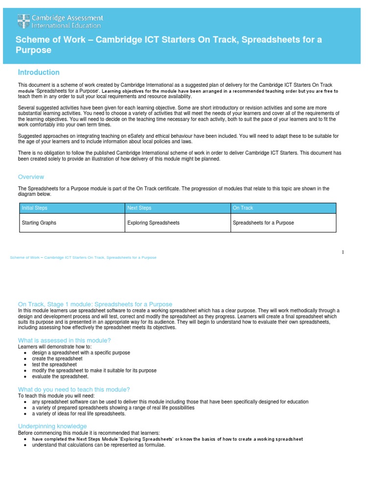 On Track Scheme of Work Unit 4291 - Spreadsheets For A Purpose | PDF ...
