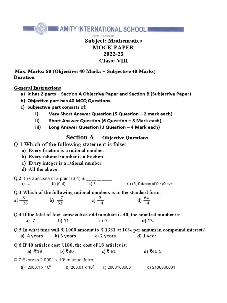 Subject: Mathematics Mock Paper 2022-23 Class: VIII: Section A | PDF ...