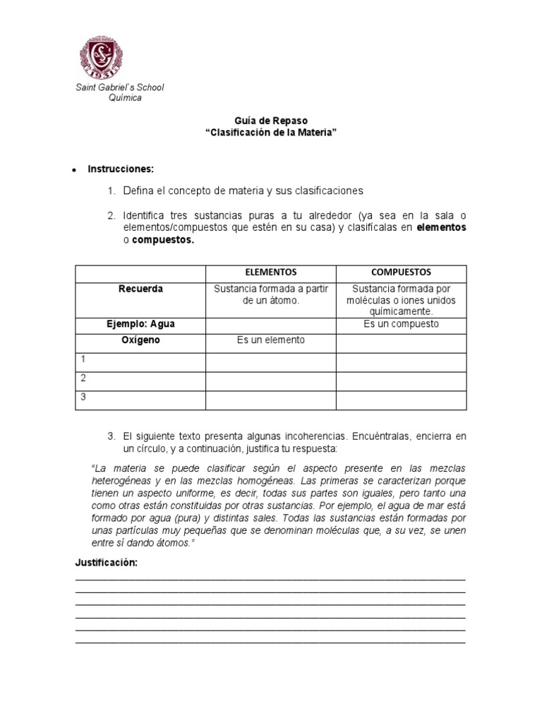 Guía de Repaso Clasificación de La Materia | PDF | Sustancias químicas ...