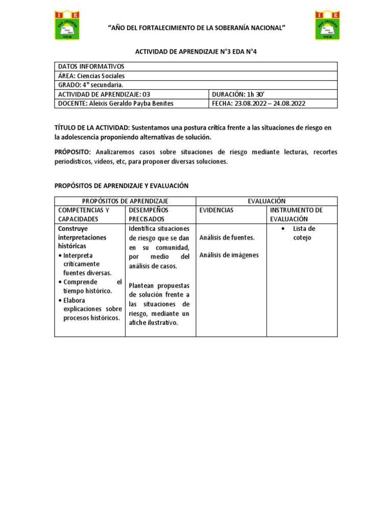 Actividad de Aprendizaje SJC Act. 03 - Eda 4 de 4C y D CCSS Aleixis Payba | PDF | Evaluación ...