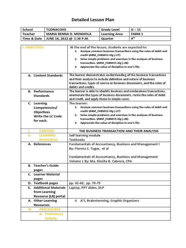 Detailed Lesson Plan - Fabm 1 (Second) | PDF | Debits And Credits ...