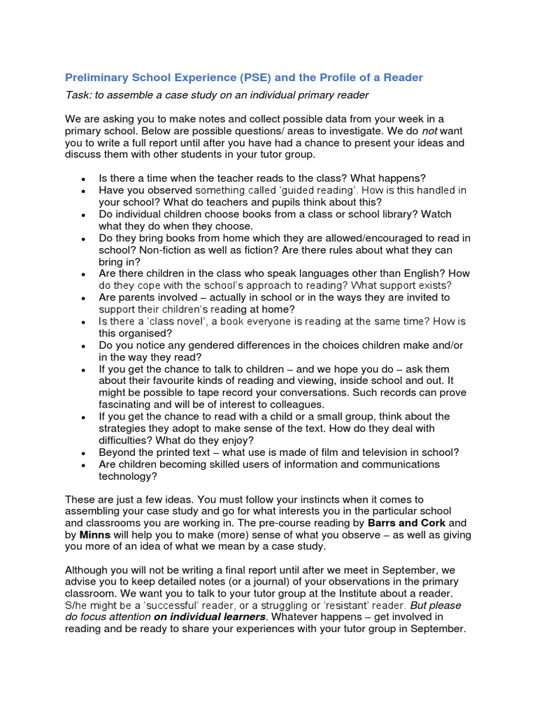 PSE Case Study of a Young Reader | PDF | Experience | Literacy