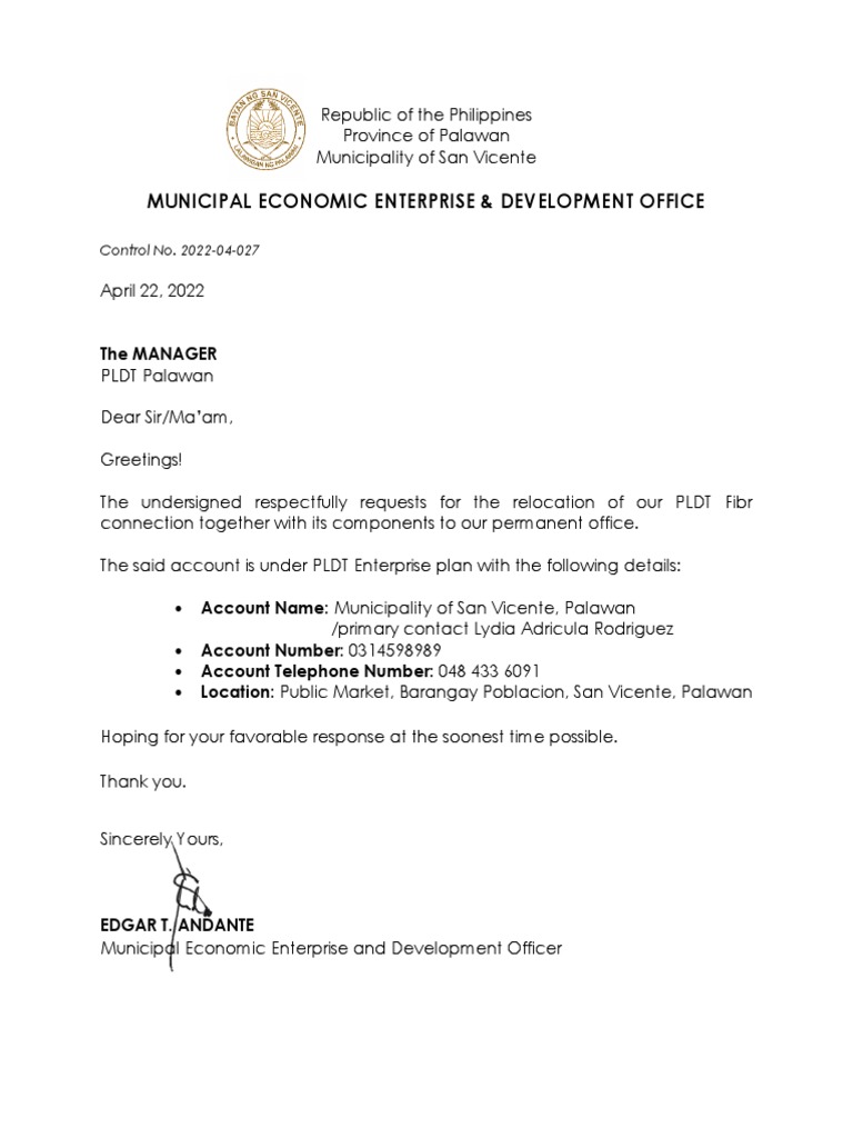 Letter To PLDT - Relocation | PDF