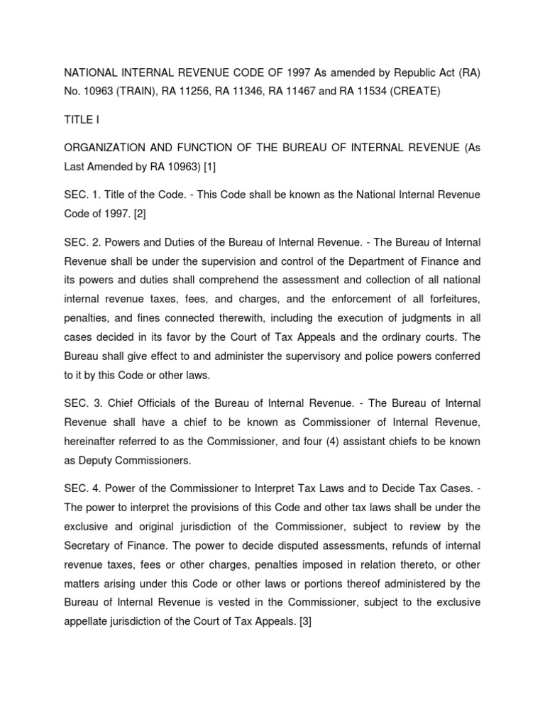 NATIONAL INTERNAL REVENUE CODE OF 1997 As Amended by Republic Act | PDF ...