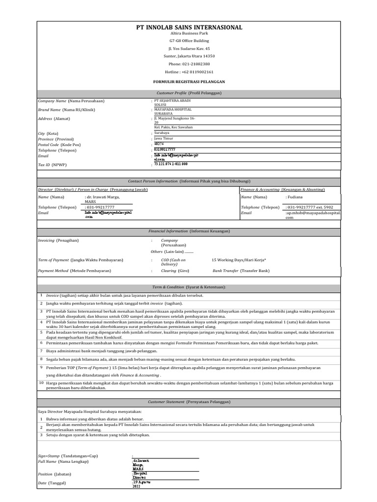 Form A1 - Customer Registrasi Form Mayapada | PDF