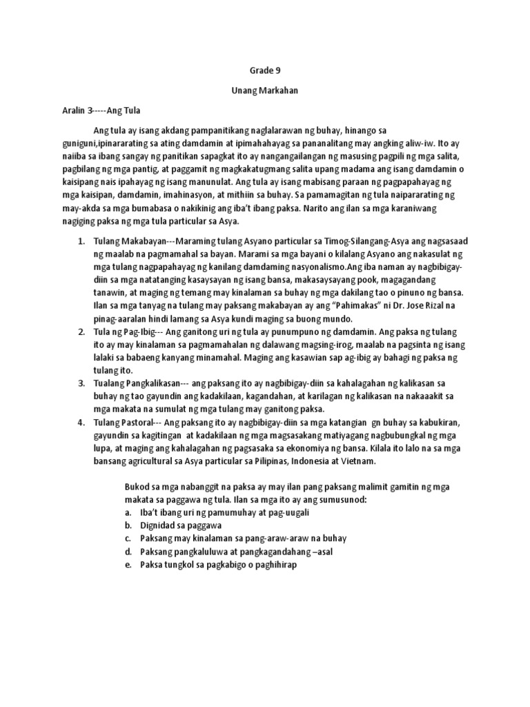 Grade 9 Unang Markahan Aralin 3 | PDF