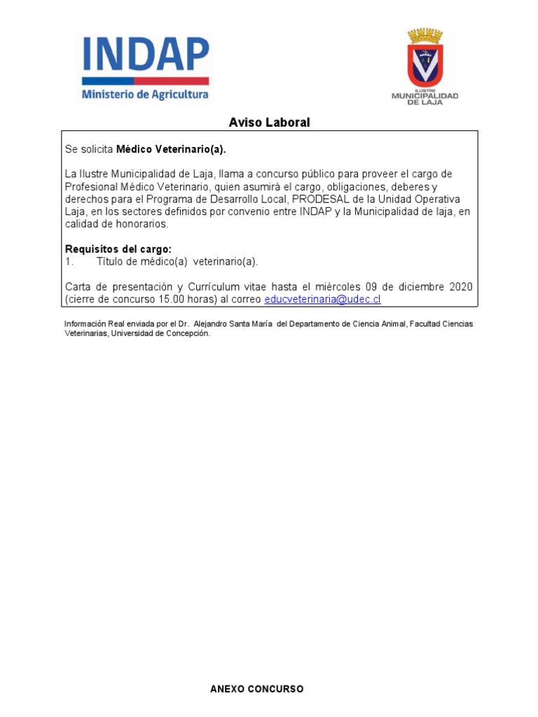 Aviso Laboral Produccion 1 | PDF | Evaluación | Medicina Veterinaria