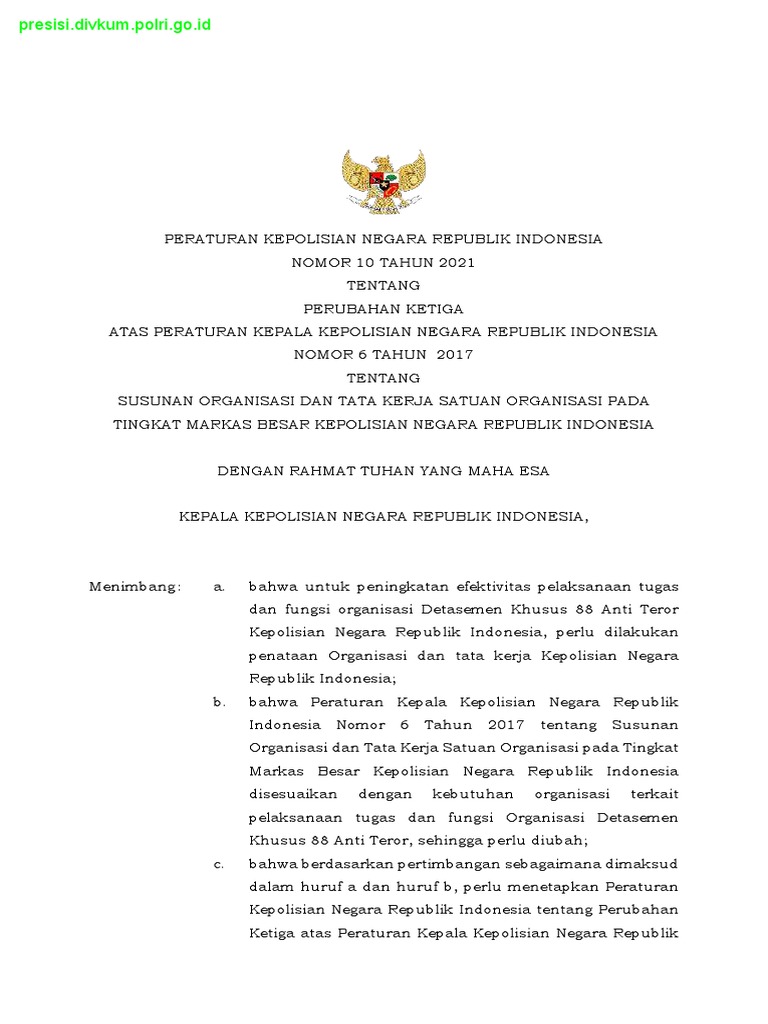 Perpol No 10 TTG Perubahan Ketiga Perkap 6 TH 2017 Tentang Sotk Mabes ...