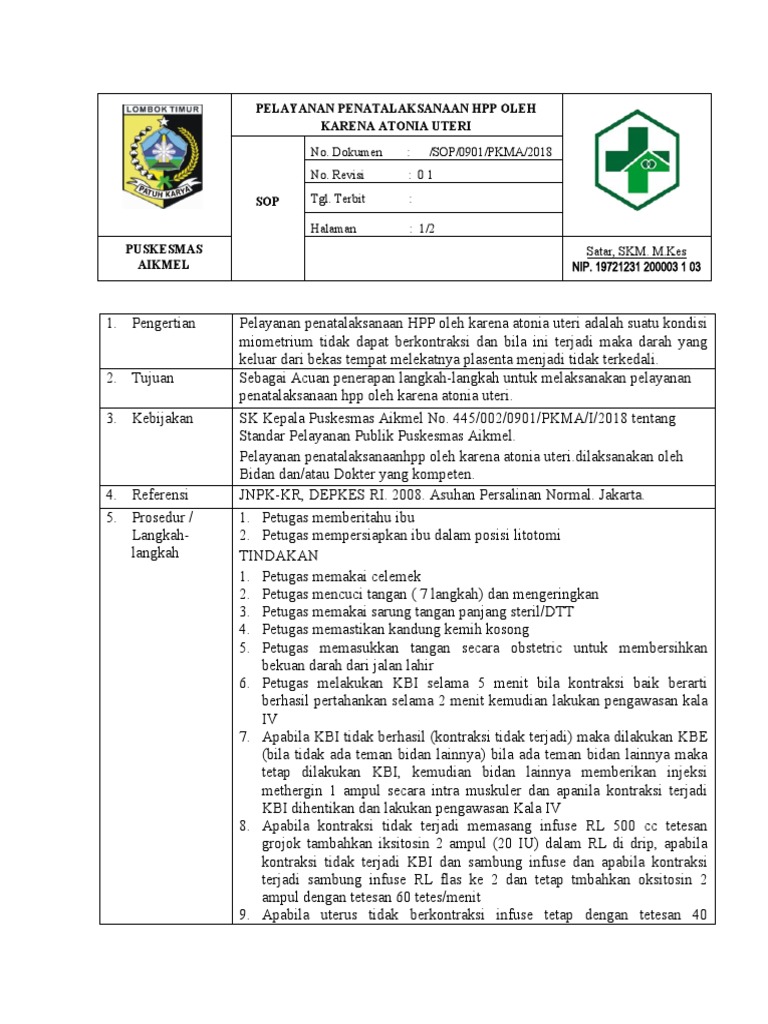 Penatalaksanaan HPP Atonia Uteri SOP | PDF | Pengembangan Diri ...