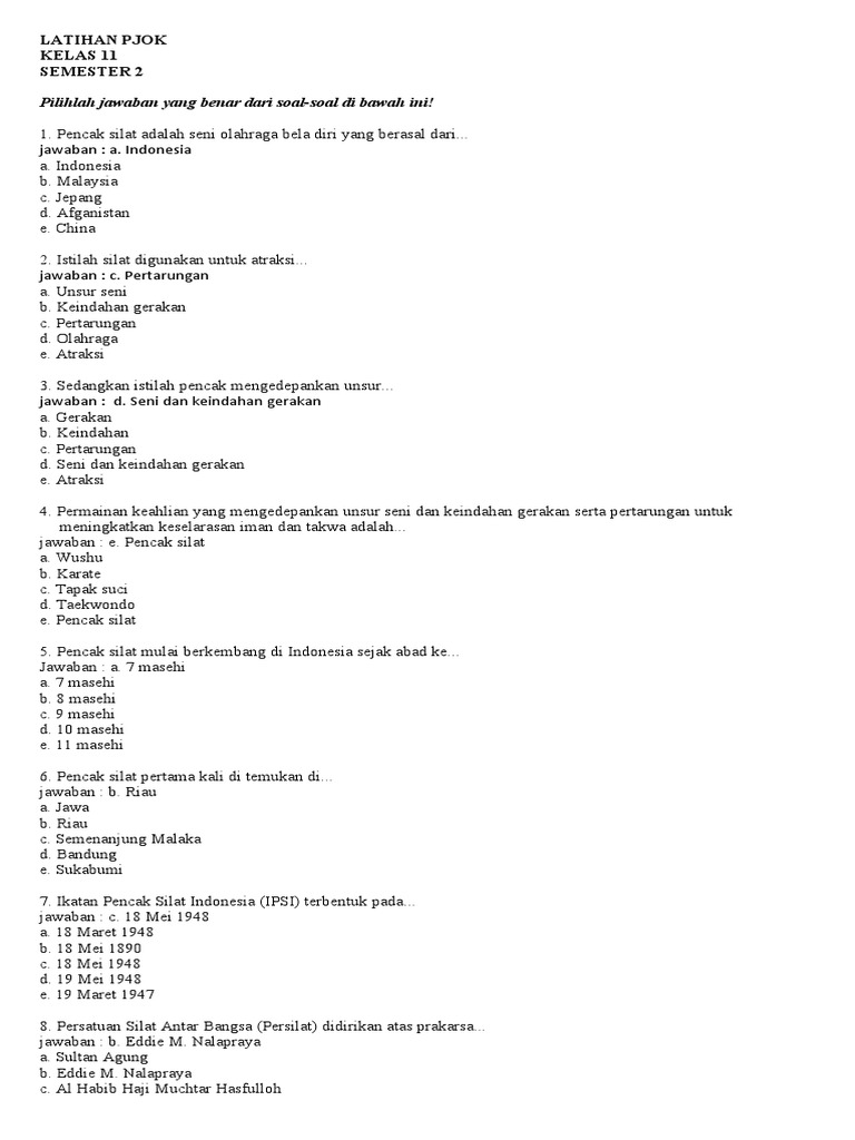 Soal PJOK Kelas 11: Pencak Silat & Renang | PDF | Olahraga & Rekreasi