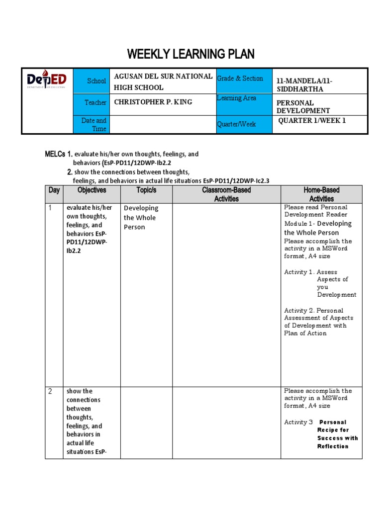Perdev Weekly Learning Plan W2 | PDF | Psychology | Cognition