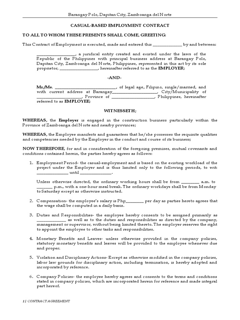 A Casual Employment Contract Between ABC Construction and an Employee ...