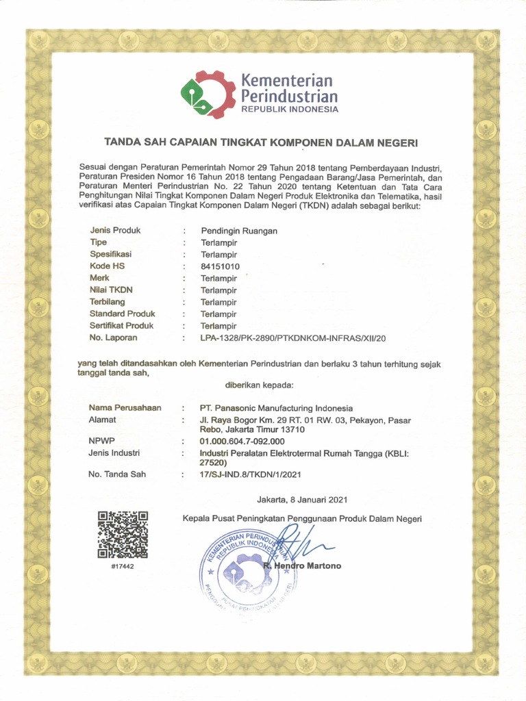 Panasonic TKDN Certificate - YN PN WKJ | PDF