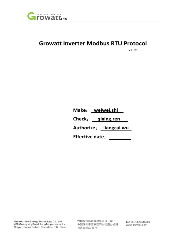 Growatt Inverter Modbus RTU Protocol - II V1 - 24-English - New | PDF