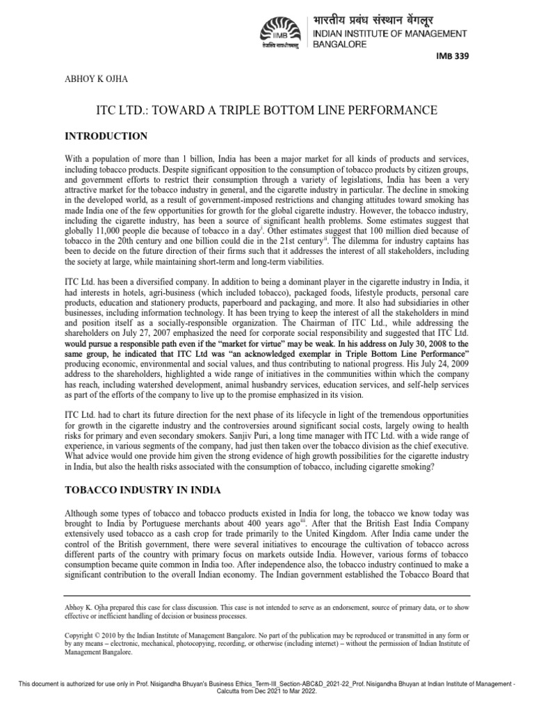 ITC LTD. Toward A Triple Bottom Line Performance | PDF | Tobacco ...