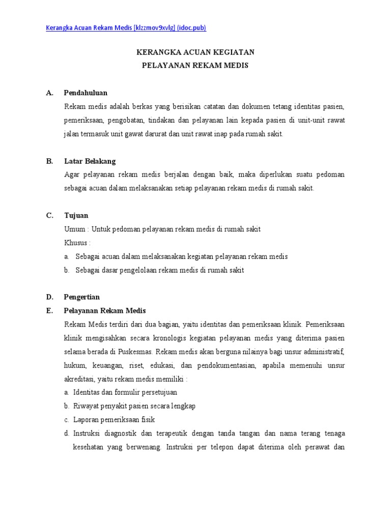 Kerangka Acuan Kegiatan Rekam Medis | PDF