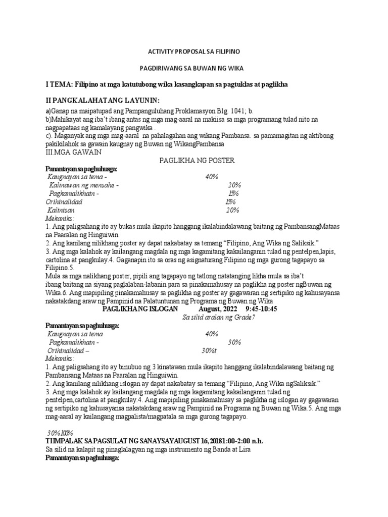 Activity Proposal Sa Filipino | PDF