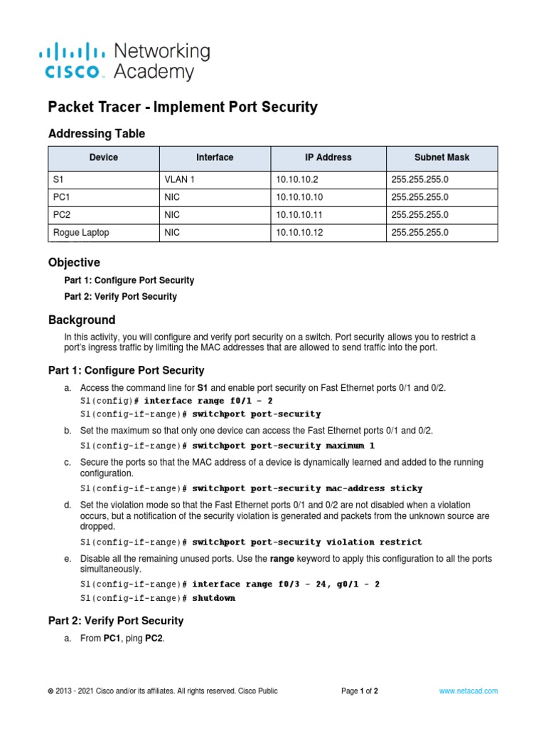 11 1 10 Packet Tracer Implement Port Security Pt Br Pdf Network Interface Controller