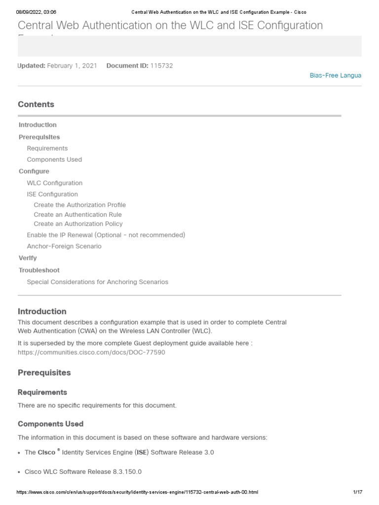 Central Web Authentication On The Wlc And Ise Configuration Example Cisco Pdf Radius