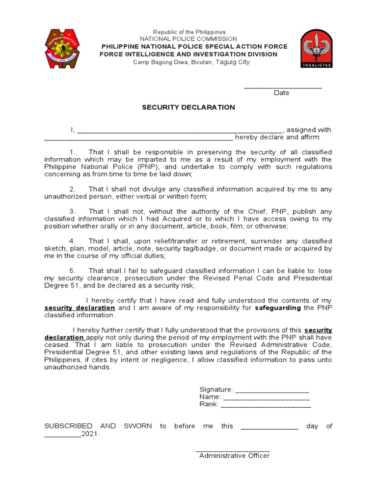 Security Declaration Form PNP | PDF | Classified Information | Common Law