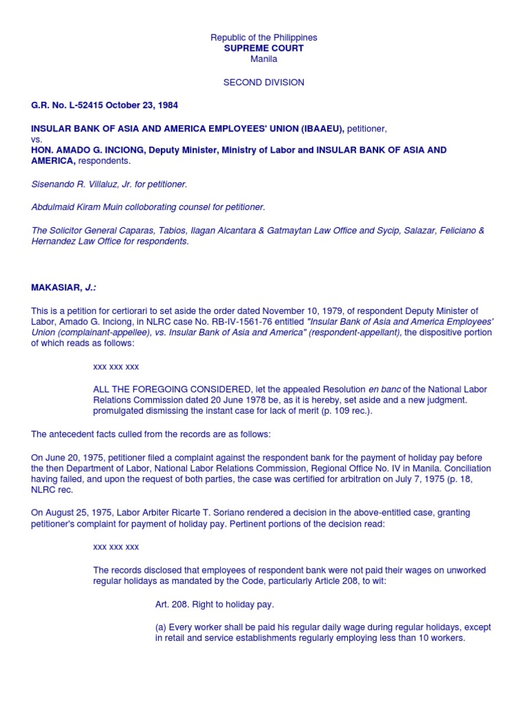 Insular Bank of Asia and American Express Union V Inciong | PDF ...