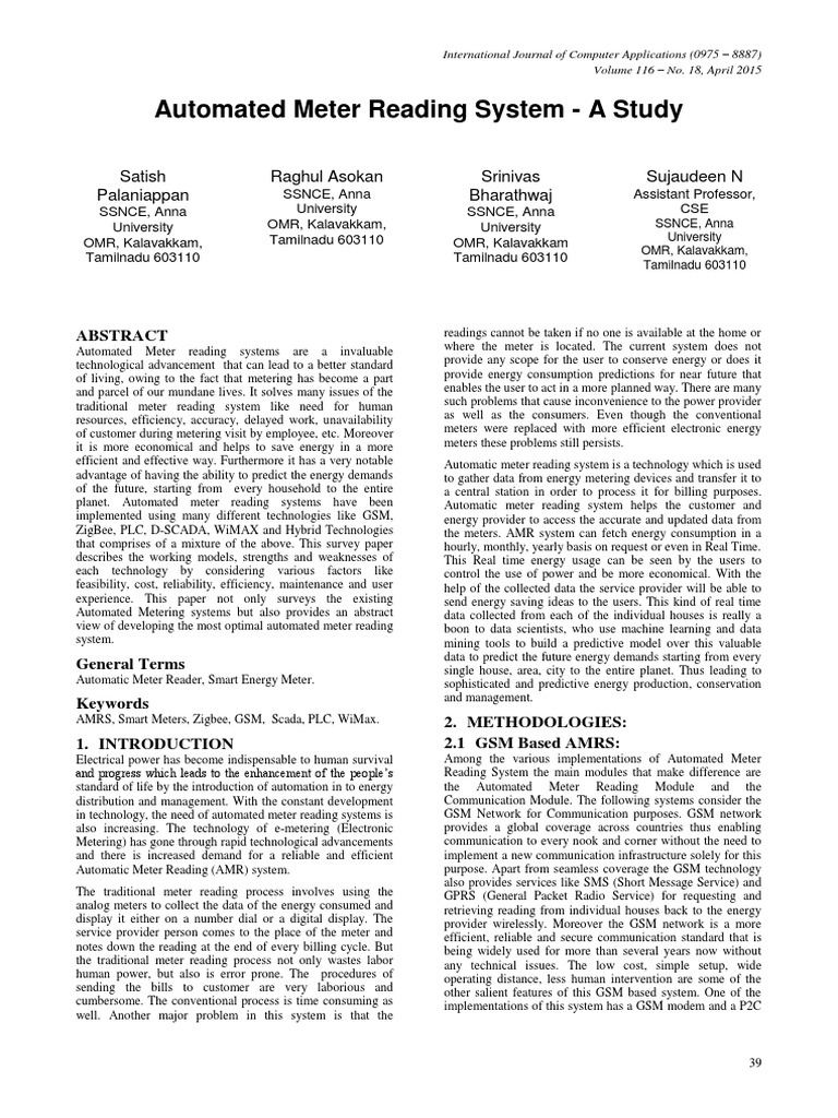 Automated Meter Reading System - A Study: Satish Palaniappan Raghul Asokan Srinivas Bharathwaj ...