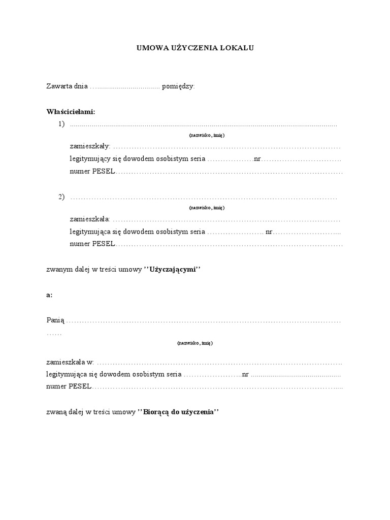 Umowa Użyczenia Lokalu | PDF