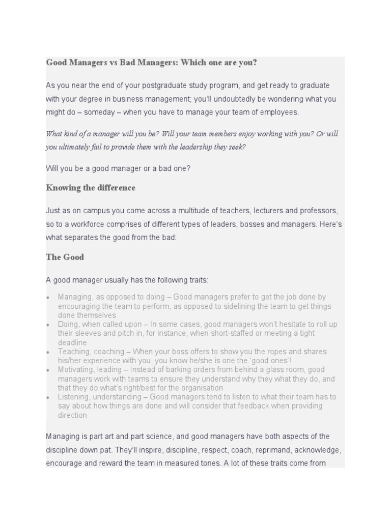 Good Managers Vs Bad Managers | PDF | Leadership | Goal