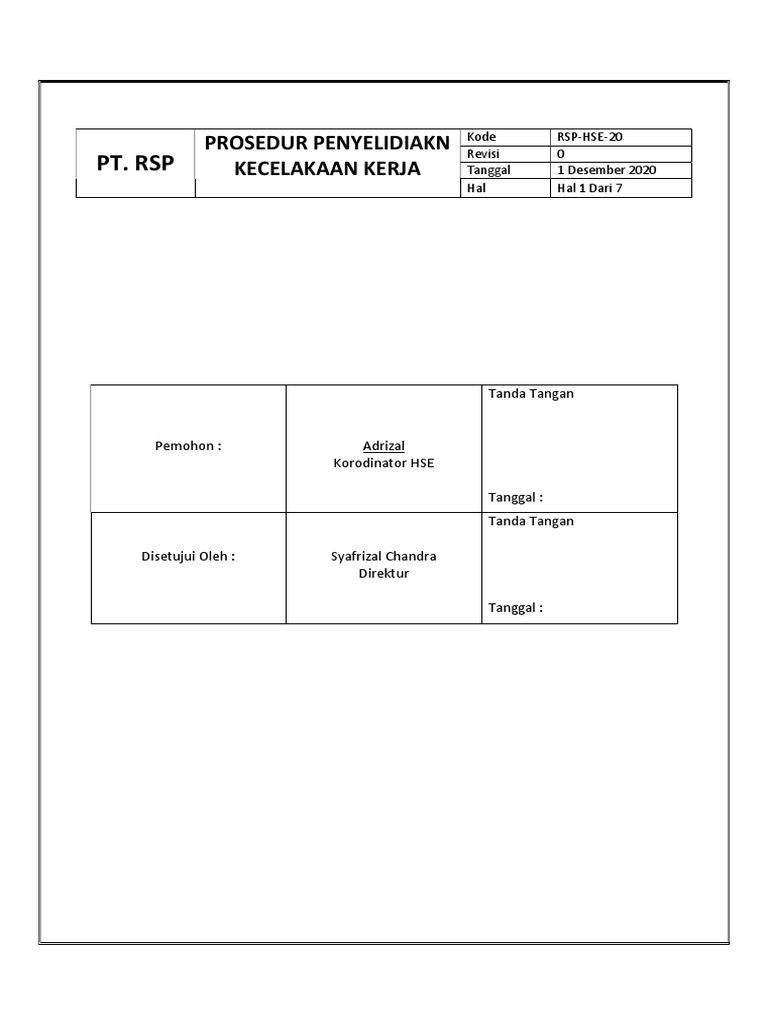 Prosedur Penyelidikan Kecelakaan Kerja PT. RSP | PDF