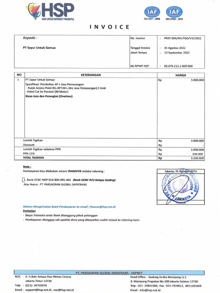 INV HSP 004 Installment Aug 2022 | PDF