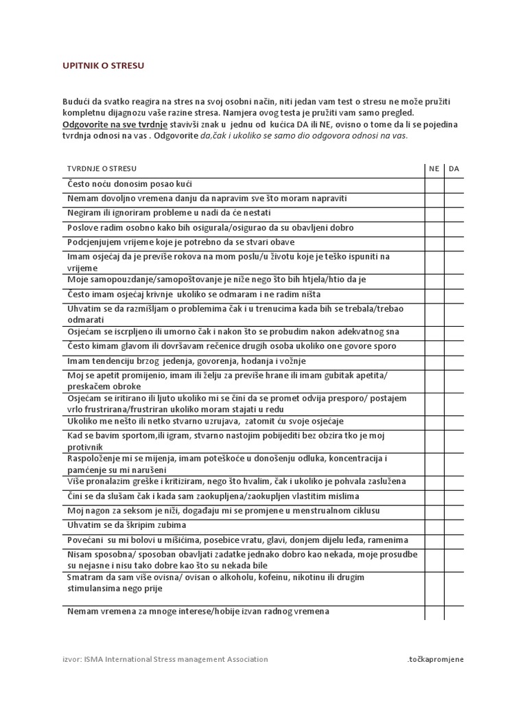 02 Upitnik o Stresu Individualni ISMA | PDF