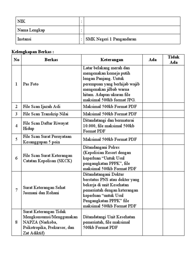 Ceklis Kelengkapan Berkas PPPK 2021 | PDF
