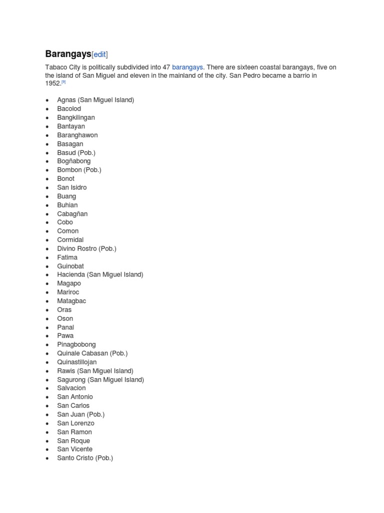 Barangays of Tabaco City Overview | PDF | Social Science | Travel