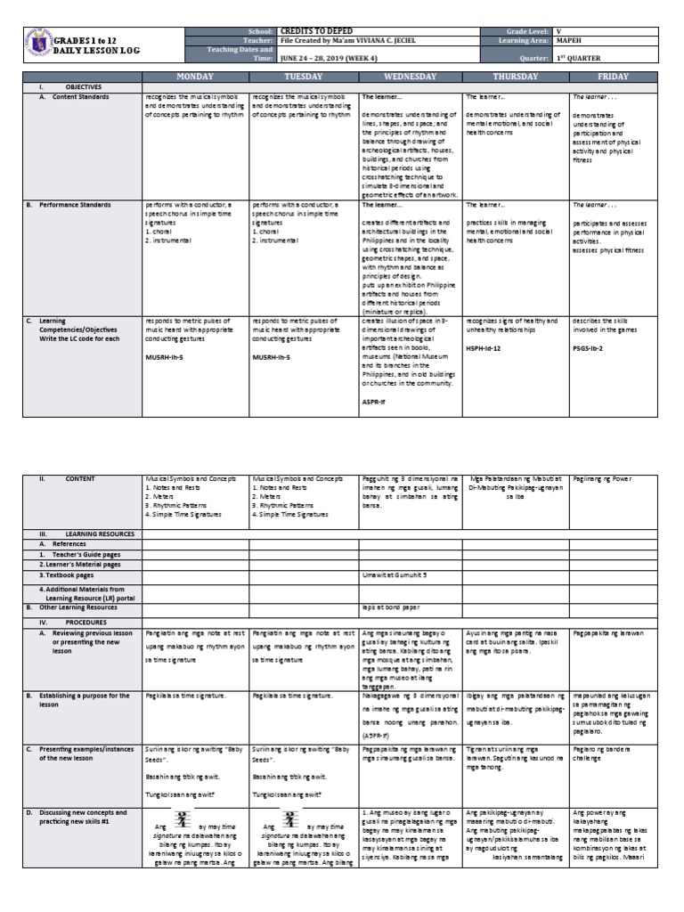 DLL Quarter 1 Week 4 MAPEH 5 | PDF | Learning | Cognitive Science