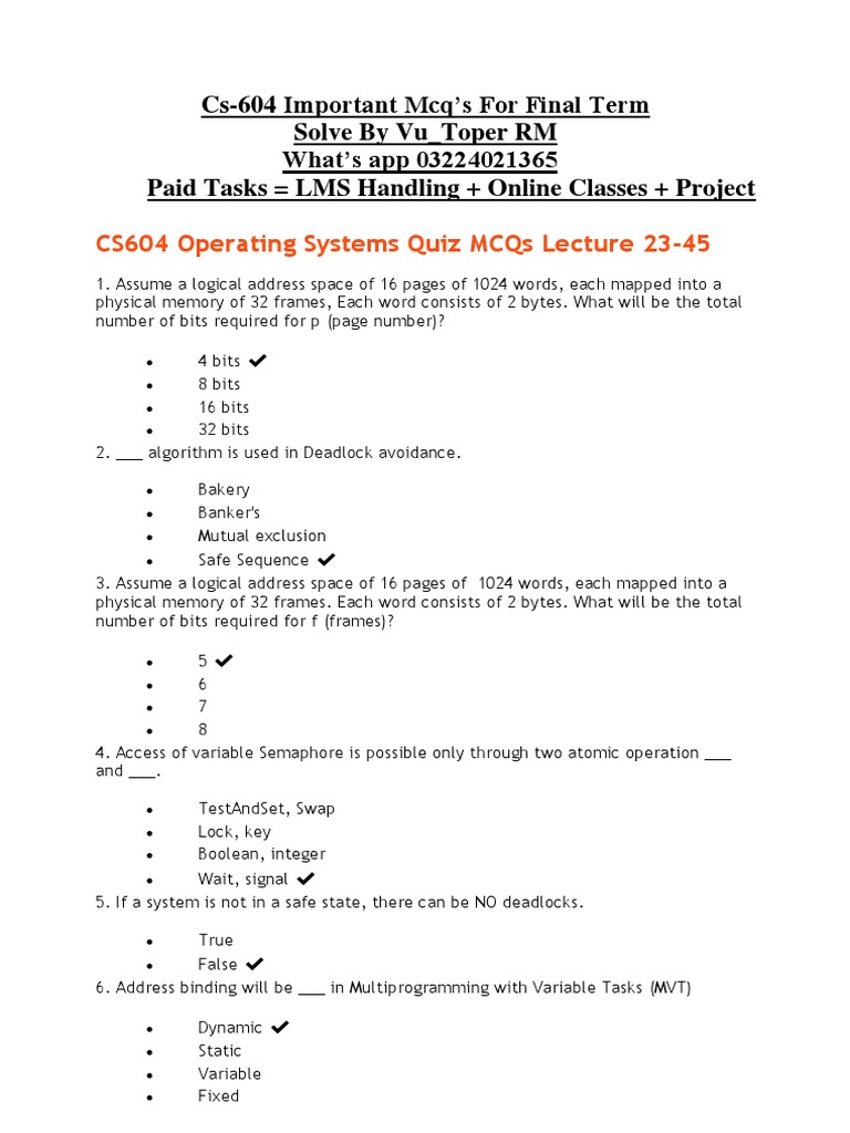 CS604 Operating Systems MCQs Guide | PDF | Operating System | Computer ...