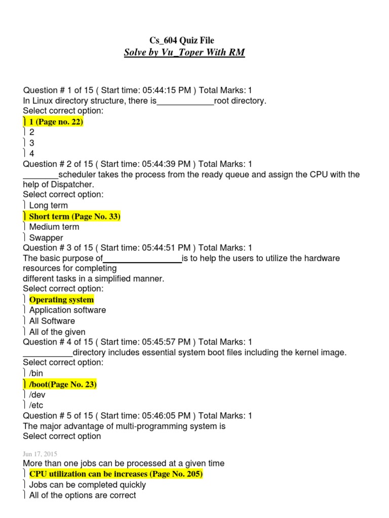 CS 604 Operating System Quiz | PDF | Process (Computing) | Operating System