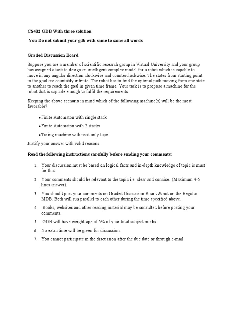 CS402 GDB With Three Solution | PDF | Theory Of Computation | Theoretical Computer Science