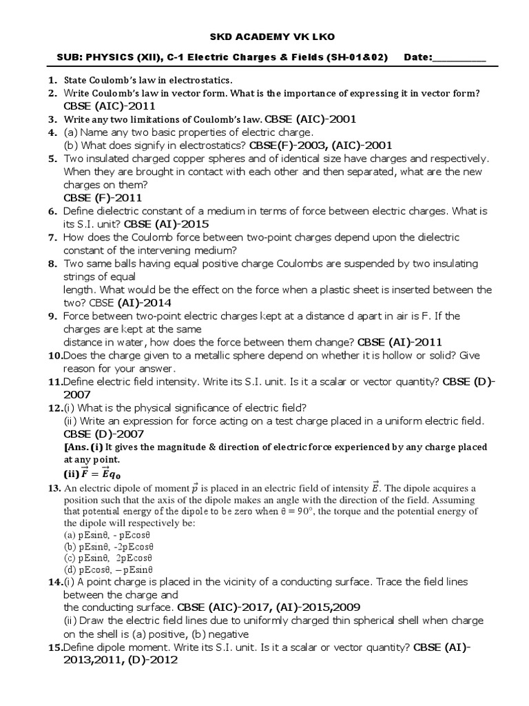 Revision Sheet XII 1 | PDF | Electric Field | Dipole