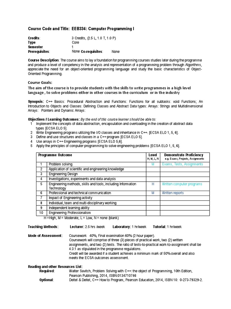 EEB334 Computer Programming I Course Outline and Teaching Plan 2022 ...